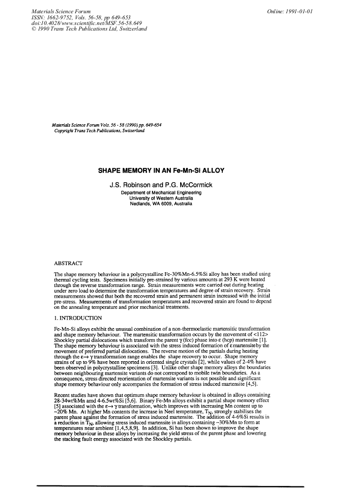 Shape Memory in an Fe-Mn-Si Alloy | Scientific.Net