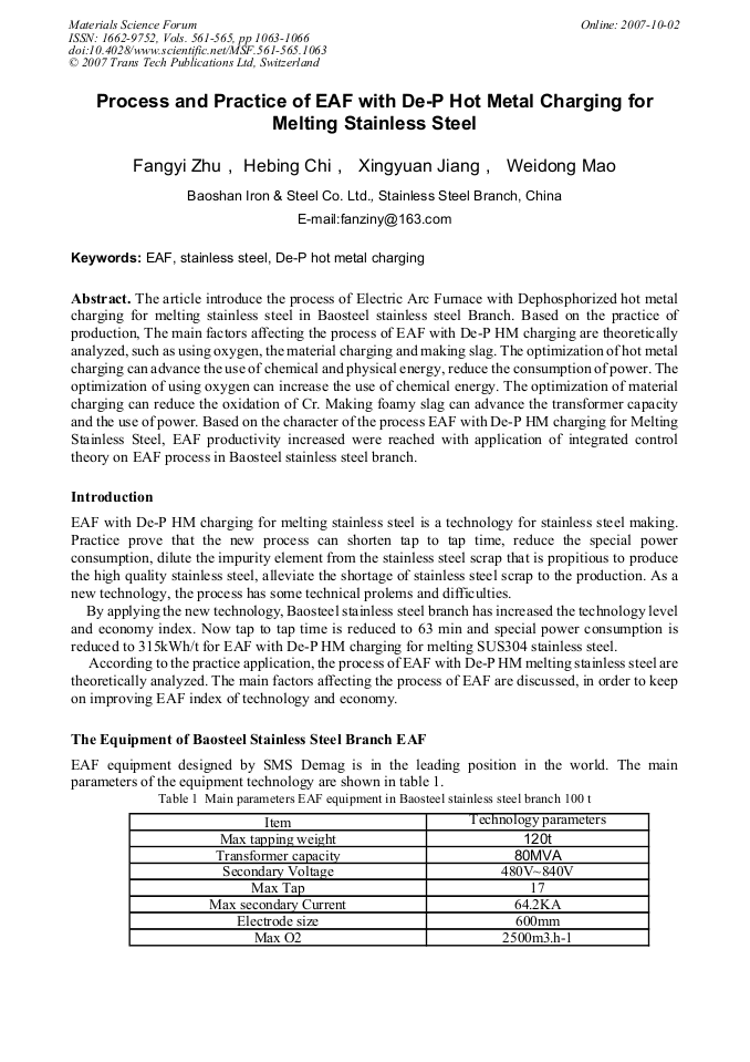 Process and Practice of EAF with De-P Hot Metal Charging for Melting ...