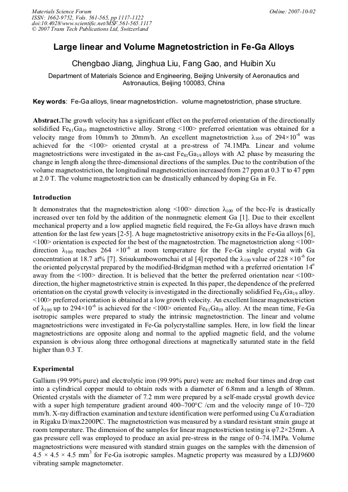 Large Linear and Volume Magnetostriction in Fe-Ga Alloys | Scientific.Net
