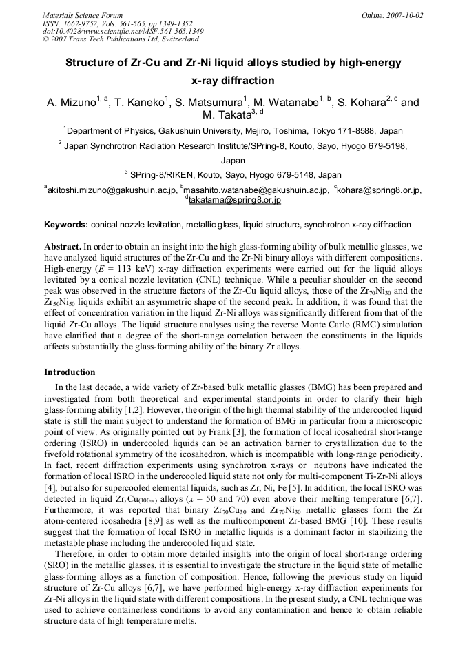 Structure of Zr-Cu and Zr-Ni Liquid Alloys Studied by High-Energy X-Ray ...