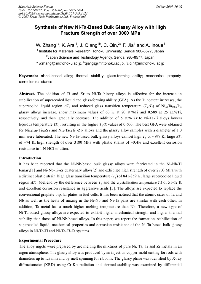 Synthesis of New Ni-Ta-Based Bulk Glassy Alloy with High Fracture ...