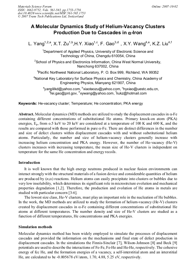 A Molecular Dynamics Study of Helium-Vacancy Clusters Production due to ...