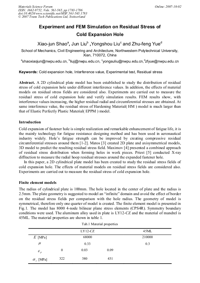 Experiment and FEM Simulation on Residual Stress of Cold Expansion Hole ...