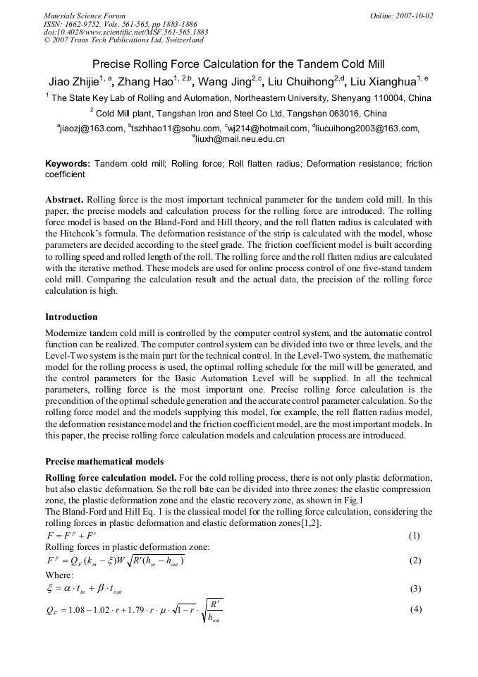 Precise Rolling Force Calculation for the Tandem Cold Mill | Scientific.Net