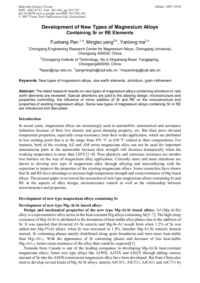 Development of New Types of Magnesium Alloys Containing Sr or RE ...