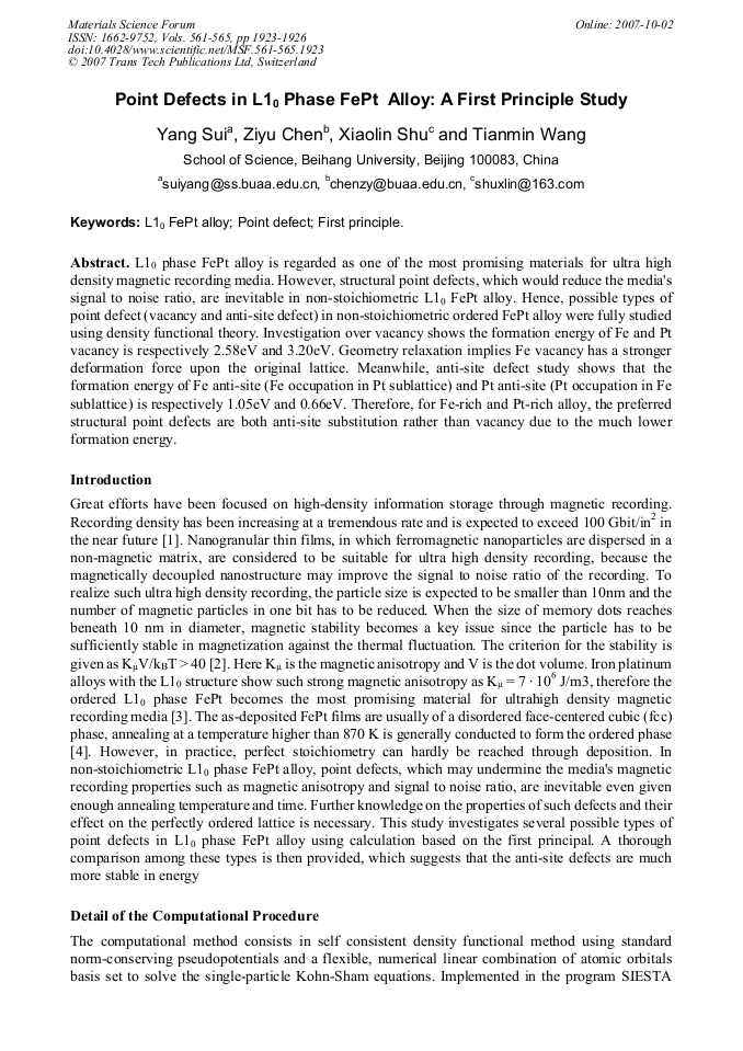 Point Defects in L10 Phase FePt Alloy: A First Principle Study ...