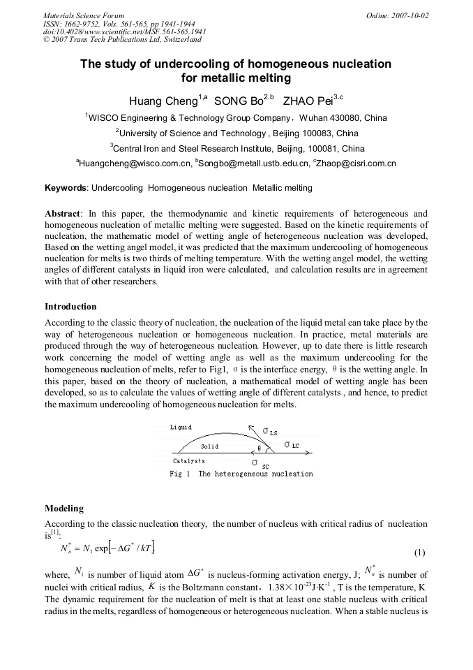 The Study of Undercooling of Homogeneous Nucleation for Metallic ...