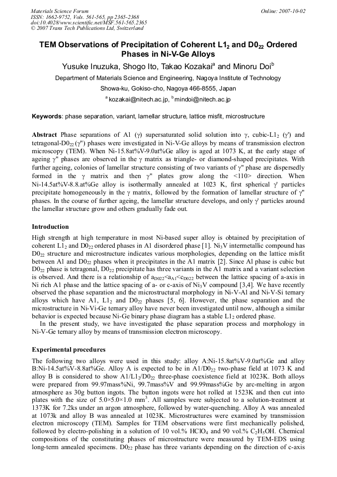 TEM Observations of Precipitation of Coherent L12 and D022 Ordered ...