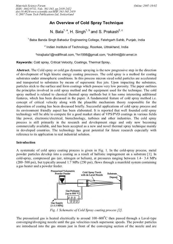 An Overview of Cold Spray Technique | Scientific.Net