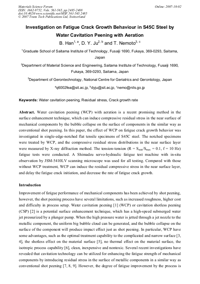 Investigation on Fatigue Crack Growth Behaviour in S45C Steel by Water ...