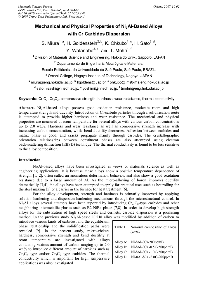 Mechanical and Physical Properties of Ni3Al-Based Alloys with Cr Carbides Dispersion ...