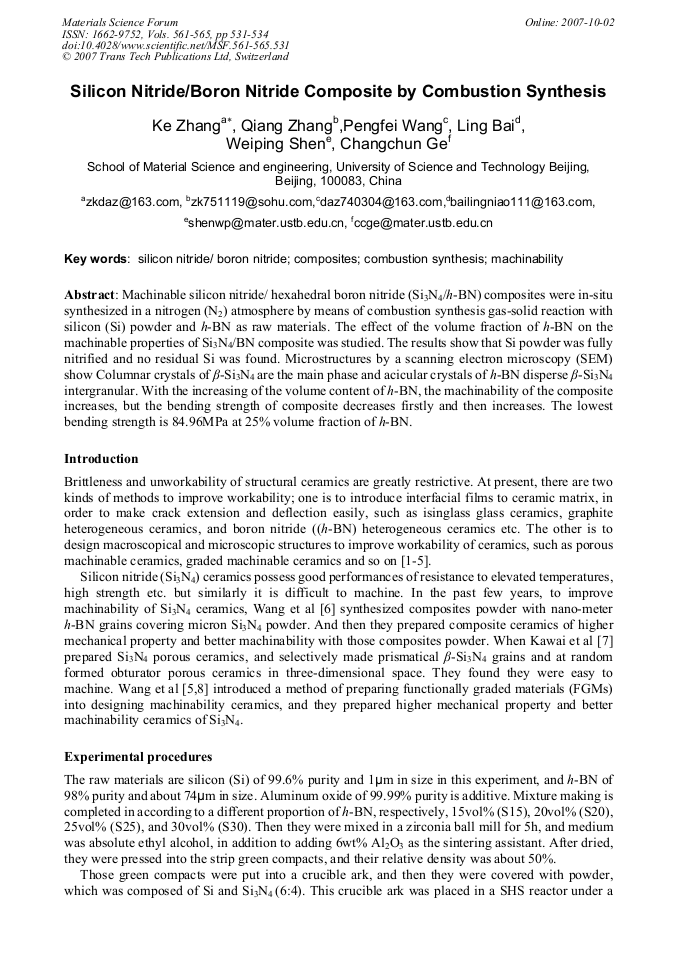 Silicon Nitride/Boron Nitride Composite by Combustion Synthesis ...