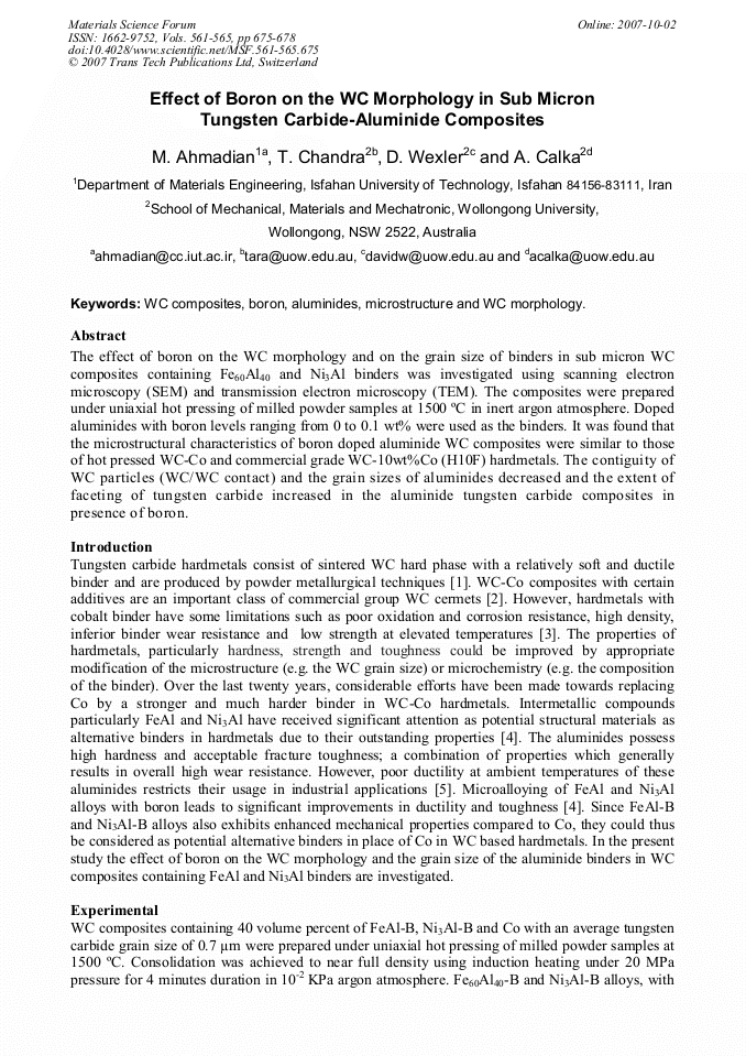 Effect of Boron on the WC Morphology in Sub Micron Tungsten Carbide ...