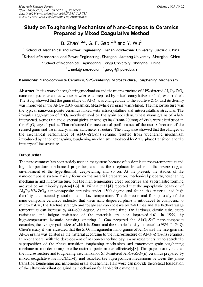 Study on Toughening Mechanism of Nano-Composite Ceramics Prepared by ...