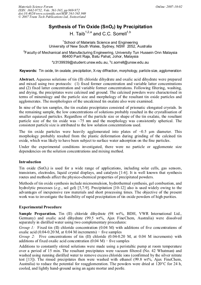 Synthesis of Tin Oxide (SnO2) by Precipitation | Scientific.Net