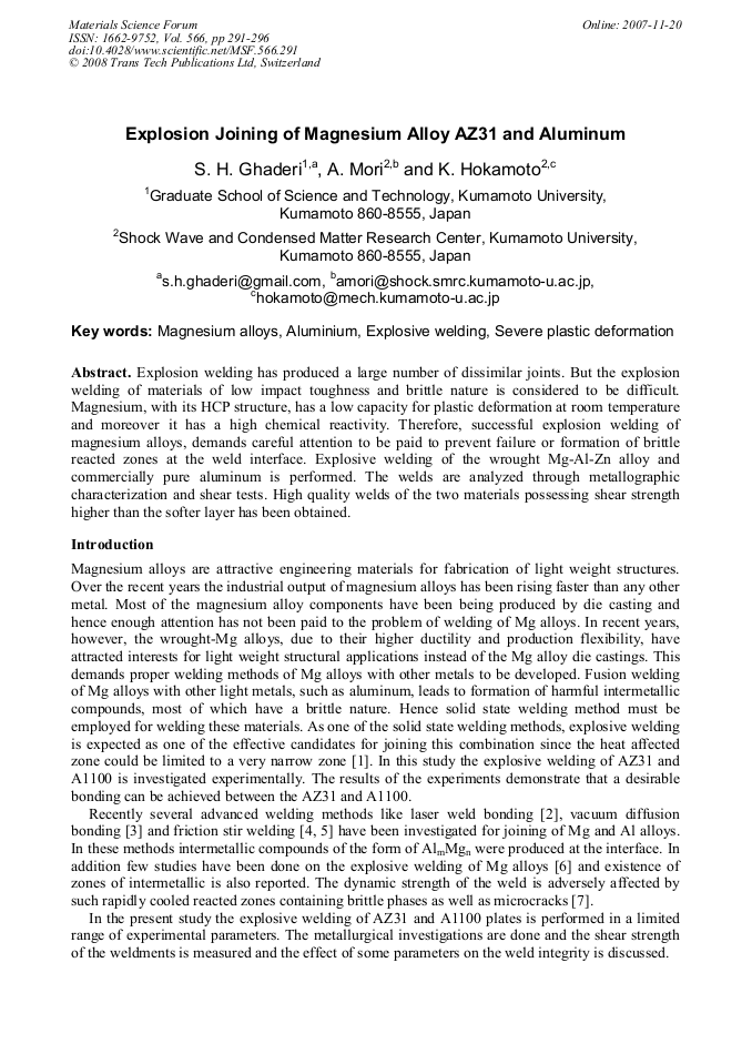 Explosion Joining of Magnesium Alloy AZ31 and Aluminum | Scientific.Net