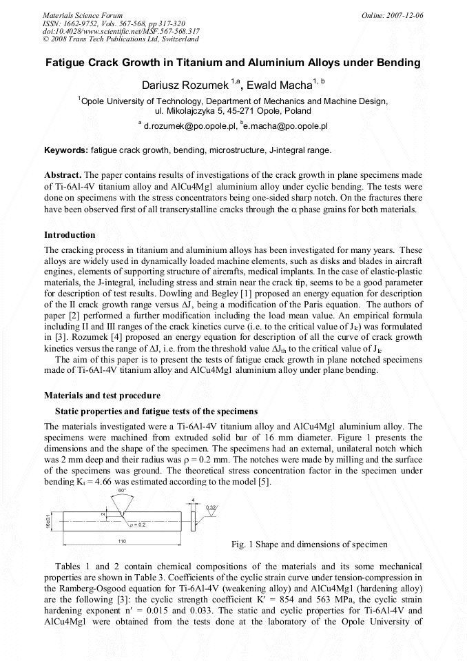 Fatigue Crack Growth in Titanium and Aluminium Alloys under Bending ...