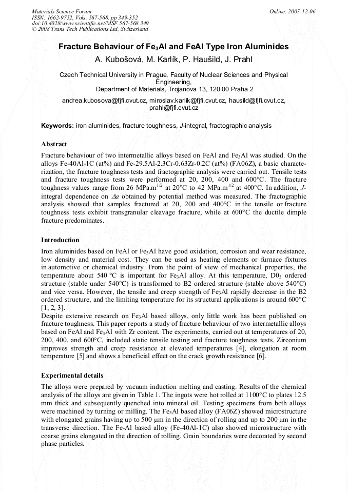 Fracture Behaviour of Fe3Al and FeAl Type Iron Aluminides | Scientific.Net
