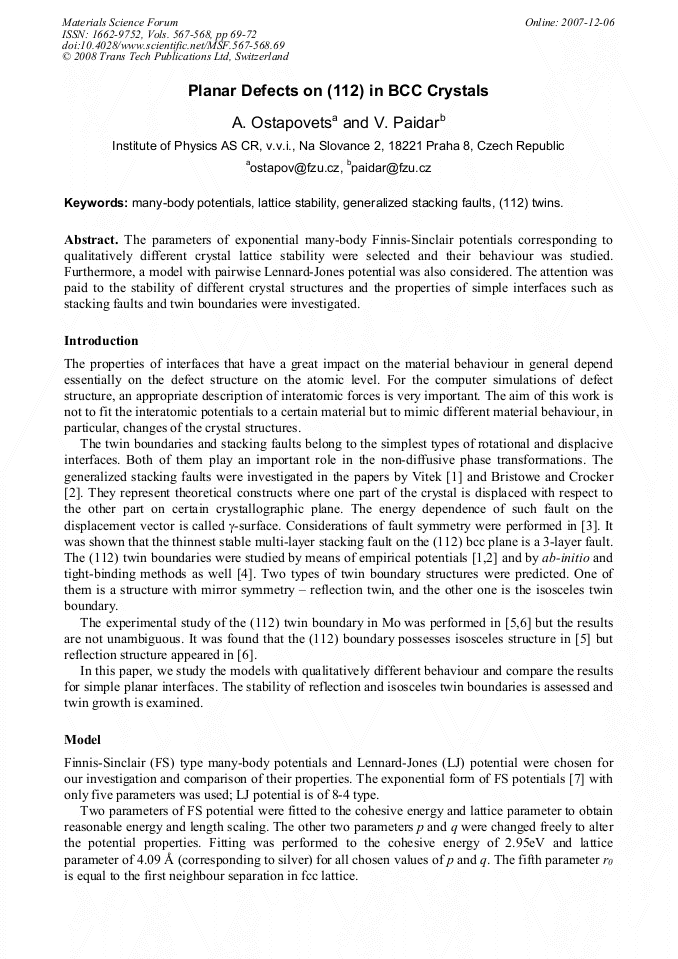Planar Defects on (112) in BCC Crystals | Scientific.Net