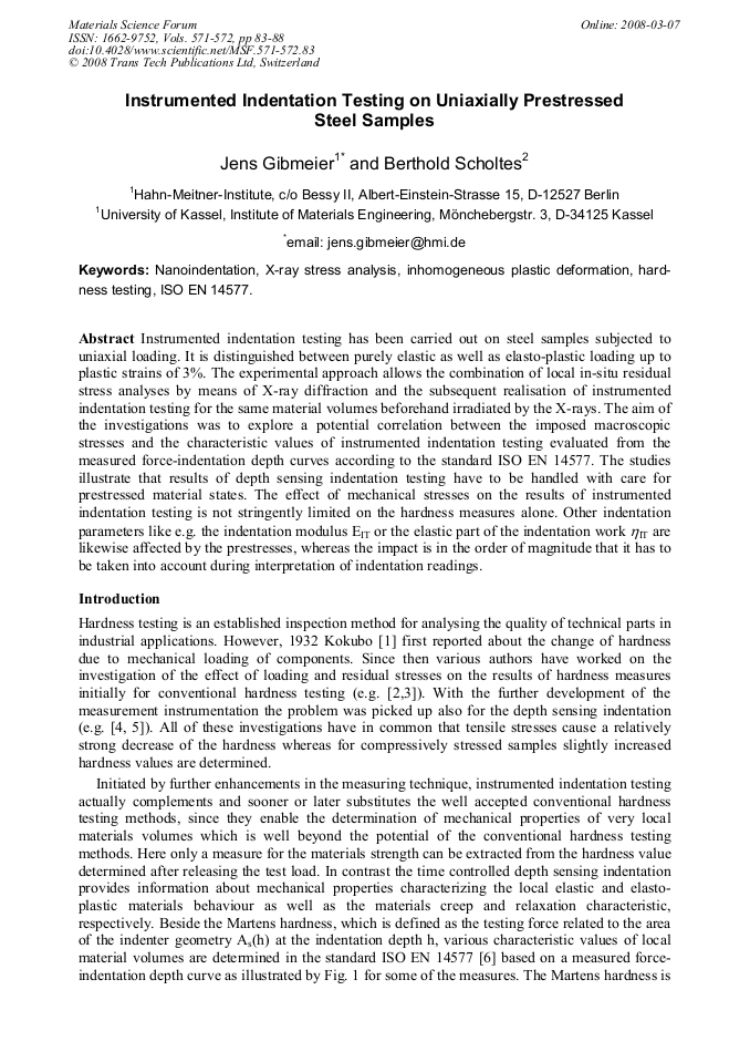 Instrumented Indentation Testing on Uniaxially Prestressed Steel ...