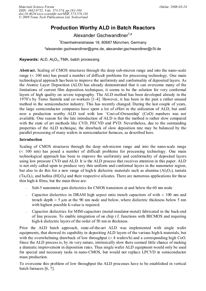 Production Worthy ALD in Batch Reactors | Scientific.Net