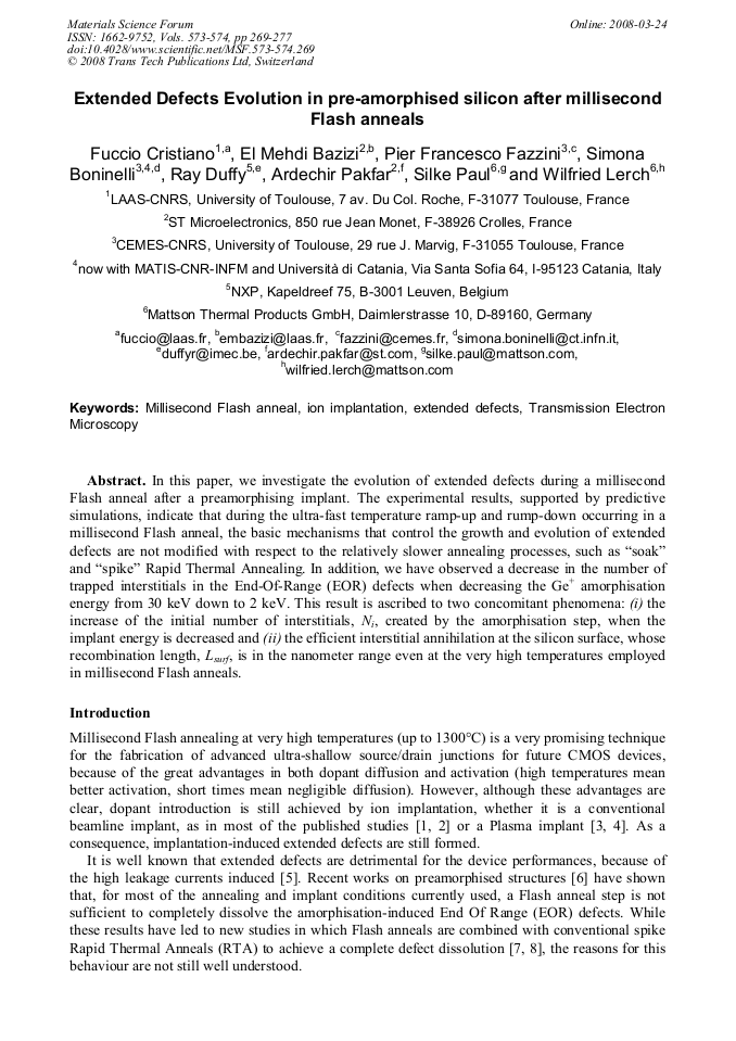 Extended Defects Evolution in Pre-Amorphised Silicon after Millisecond ...