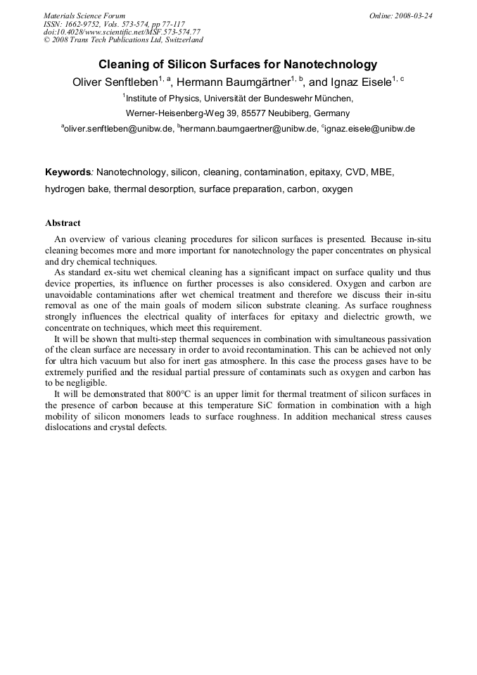 Cleaning of Silicon Surfaces for Nanotechnology | Scientific.Net