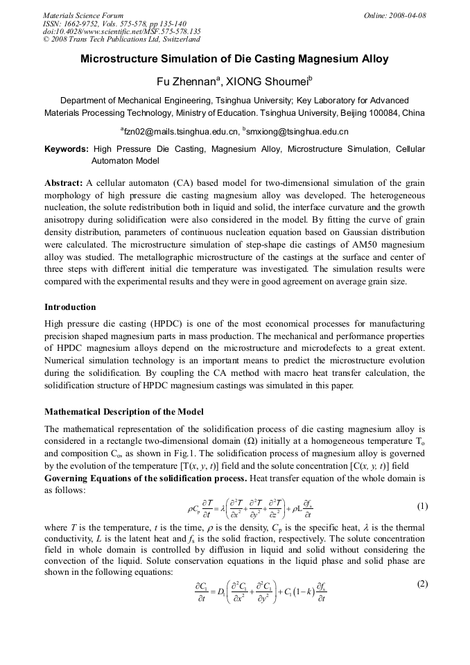 Microstructure Simulation of Die Casting Magnesium Alloy | Scientific.Net
