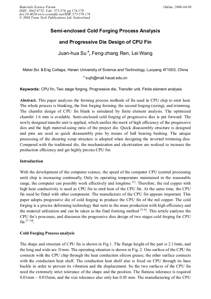 Semi-Enclosed Cold Forging Process Analysis and Progressive Die Design ...
