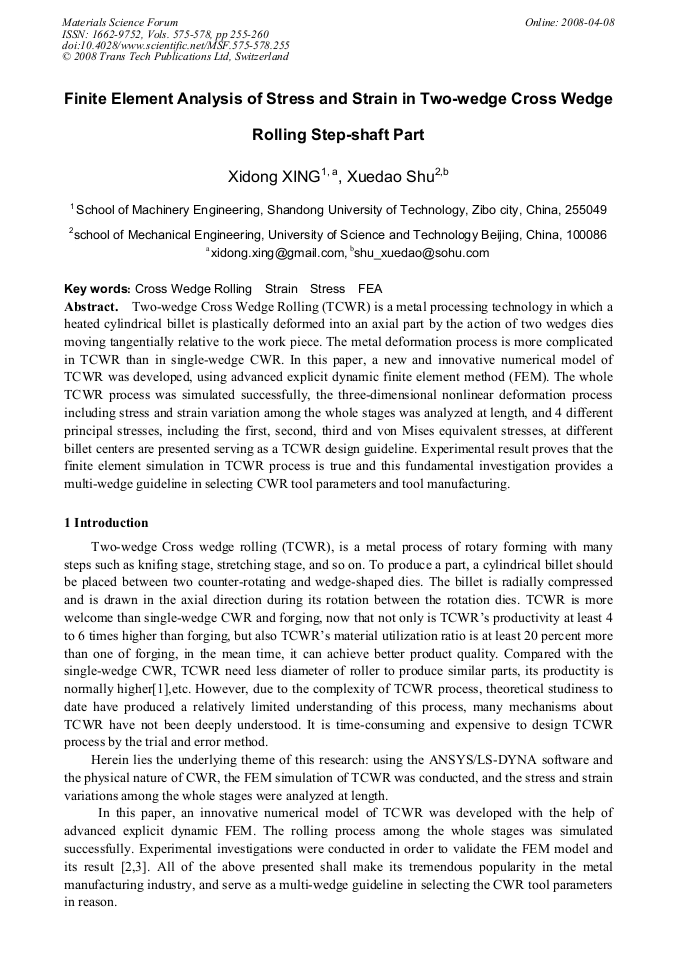 Finite Element Analysis of Stress and Strain in Two-Wedge Cross Wedge Rolling Step-Shaft Part ...