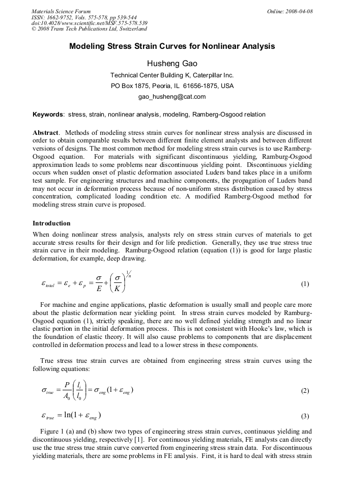 Modeling Stress Strain Curves for Nonlinear Analysis | Scientific.Net
