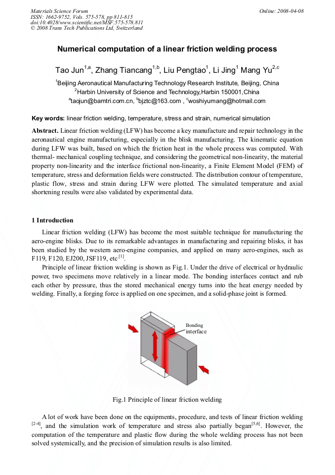 Numerical Computation of a Linear Friction Welding Process | Scientific.Net
