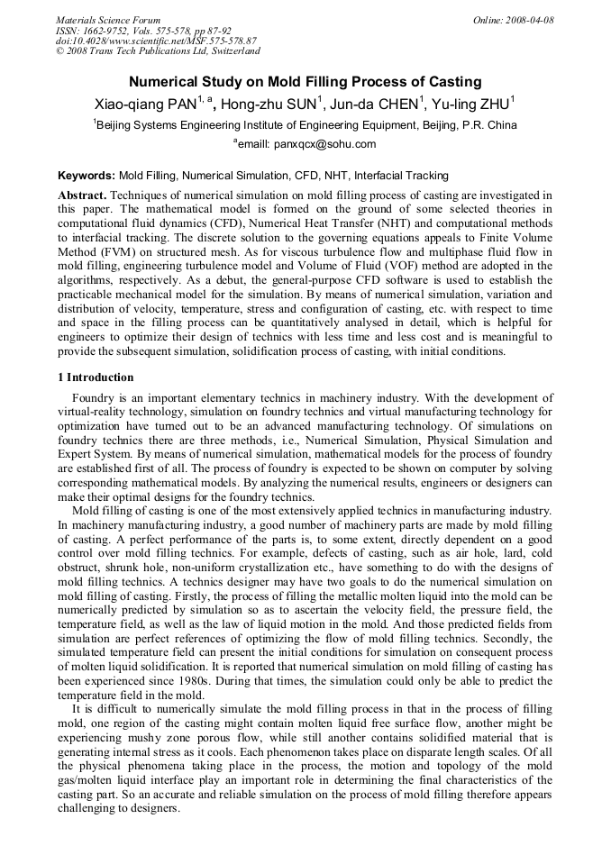 Numerical Study on Mold Filling Process of Casting | Scientific.Net