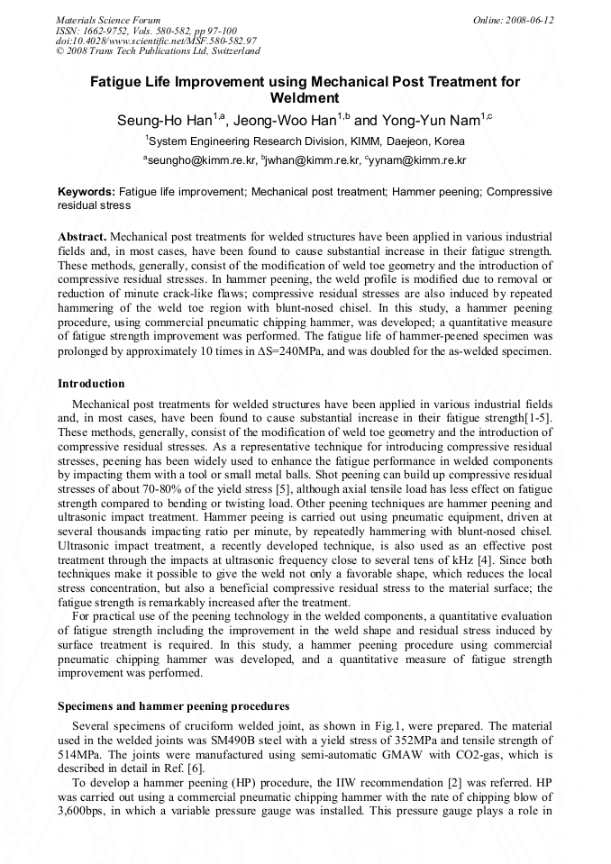 Fatigue Life Improvement Using Mechanical Post Treatment for Weldment ...