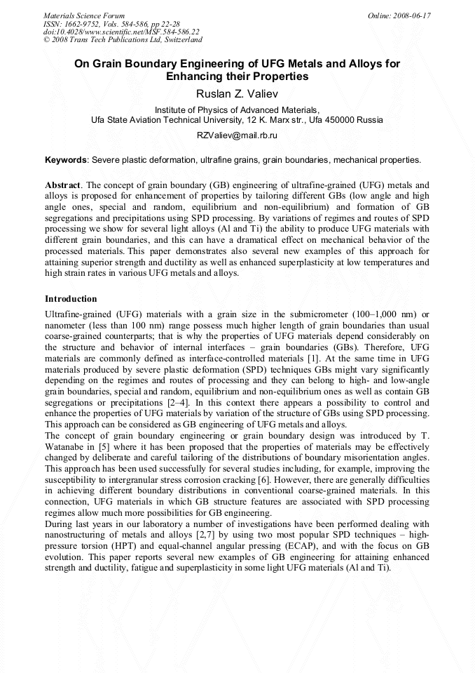 On Grain Boundary Engineering of UFG Metals and Alloys for Enhancing ...