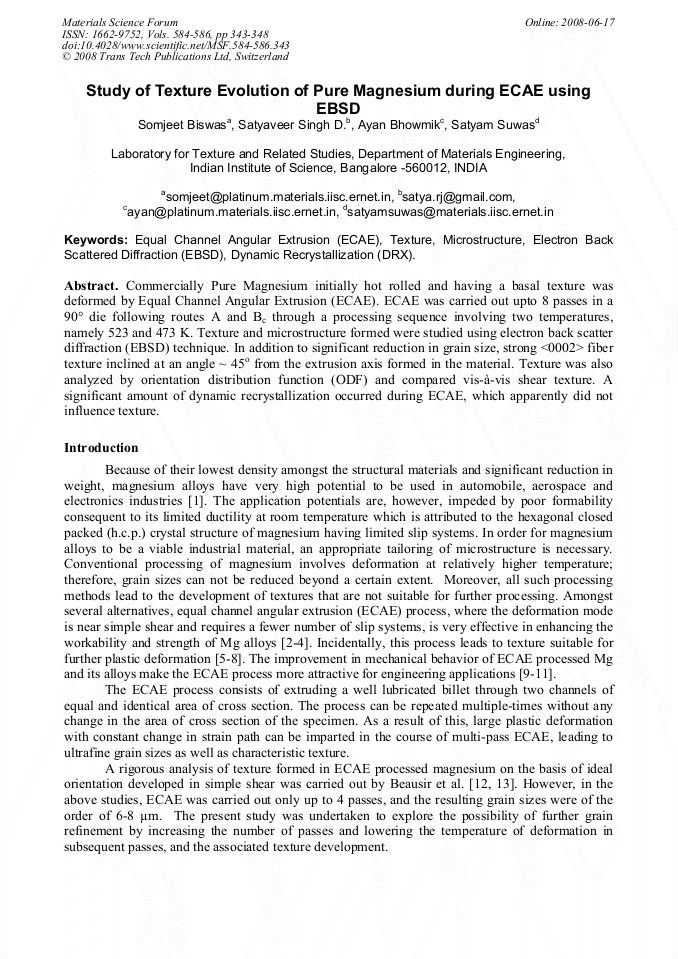 Study of Texture Evolution of Pure Magnesium during ECAE Using EBSD ...