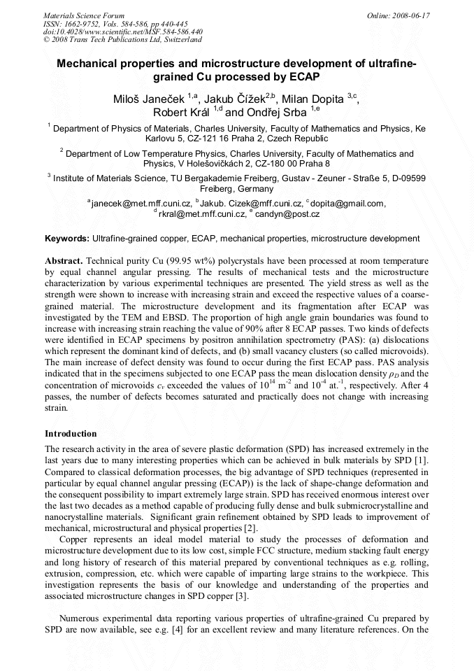 Mechanical Properties and Microstructure Development of Ultrafine-Grained Cu Processed by ECAP ...