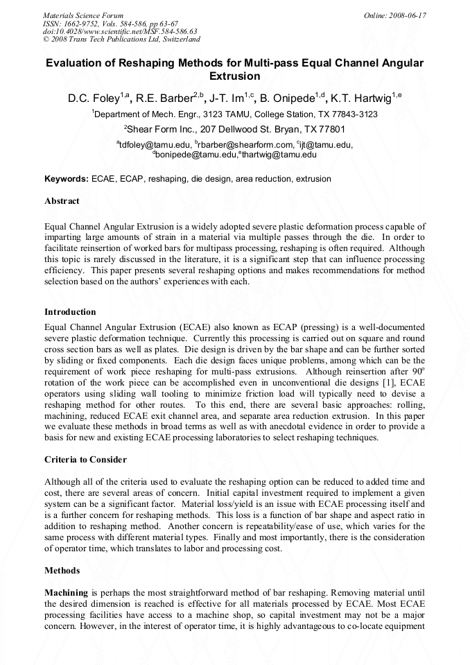 Evaluation of Reshaping Methods for Multi-Pass Equal Channel Angular ...