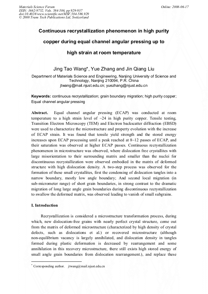 Continuous Recrystallization Phenomenon in High Purity Copper during ...
