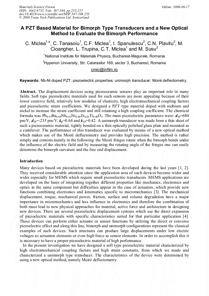A PZT Based Material for Bimorph Type Transducers and a New Optical ...