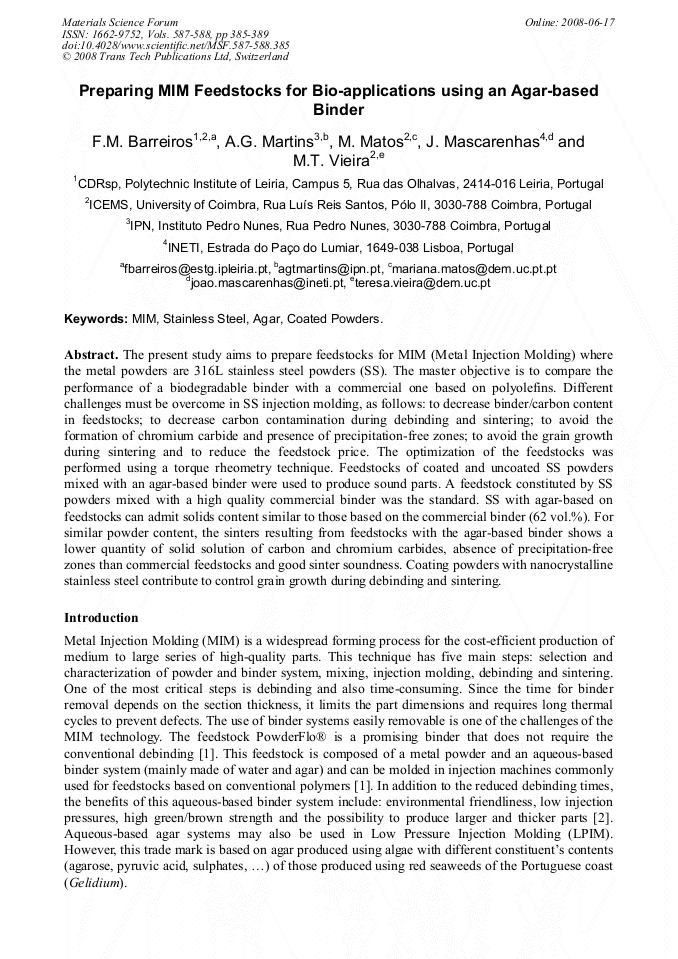 Preparing MIM Feedstocks for Bio-Applications Using an Agar-Based ...