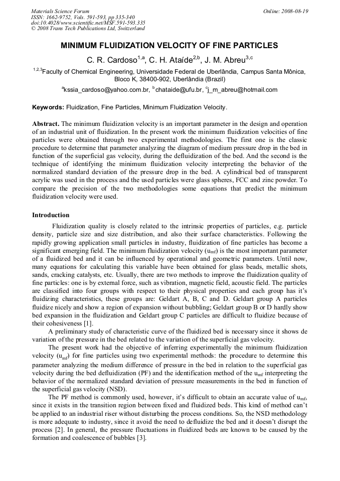 Minimum Fluidization Velocity of Fine Particles | Scientific.Net
