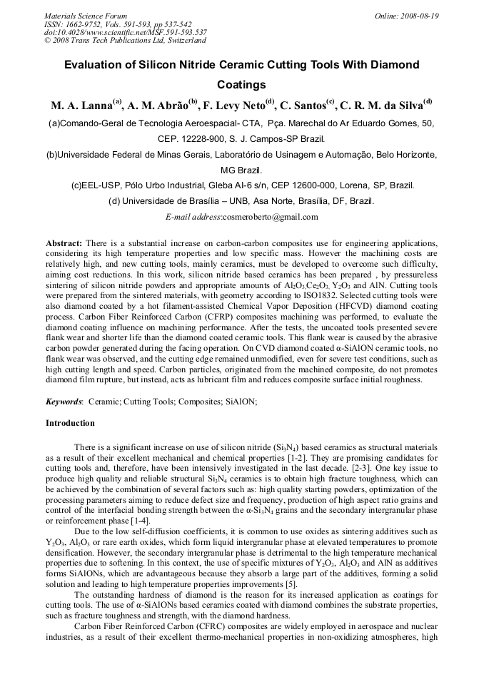 Evaluation of Silicon Nitride Ceramic Cutting Tools with Diamond ...