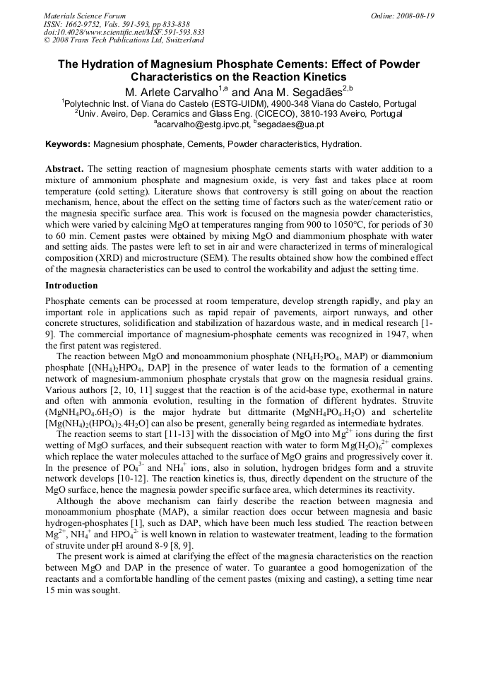 The Hydration of Magnesium Phosphate Cements: Effect of Powder ...