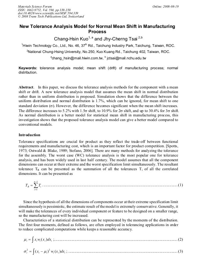 New Tolerance Analysis Model for Normal Mean Shift in Manufacturing ...