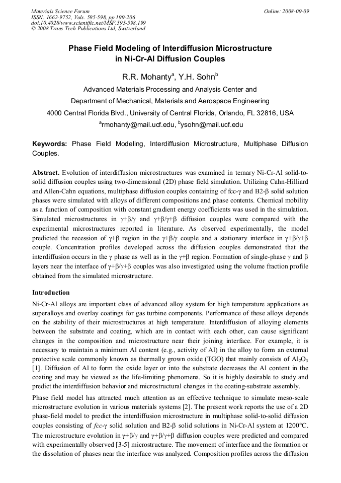 Phase Field Modeling of Interdiffusion Microstructure in Ni-Cr-Al Diffusion Couples | Scientific.Net