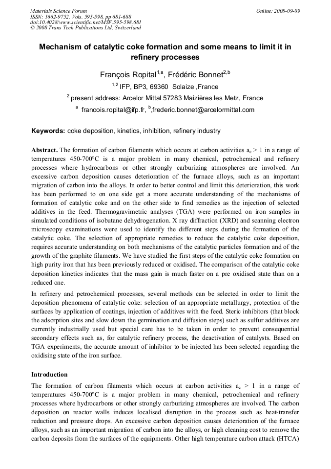 Mechanism of Catalytic Coke Formation and Some Means to Limit it in ...