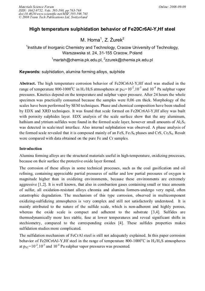 High Temperature Sulphidation Behavior of Fe20Cr6Al-Y,Hf Steel ...