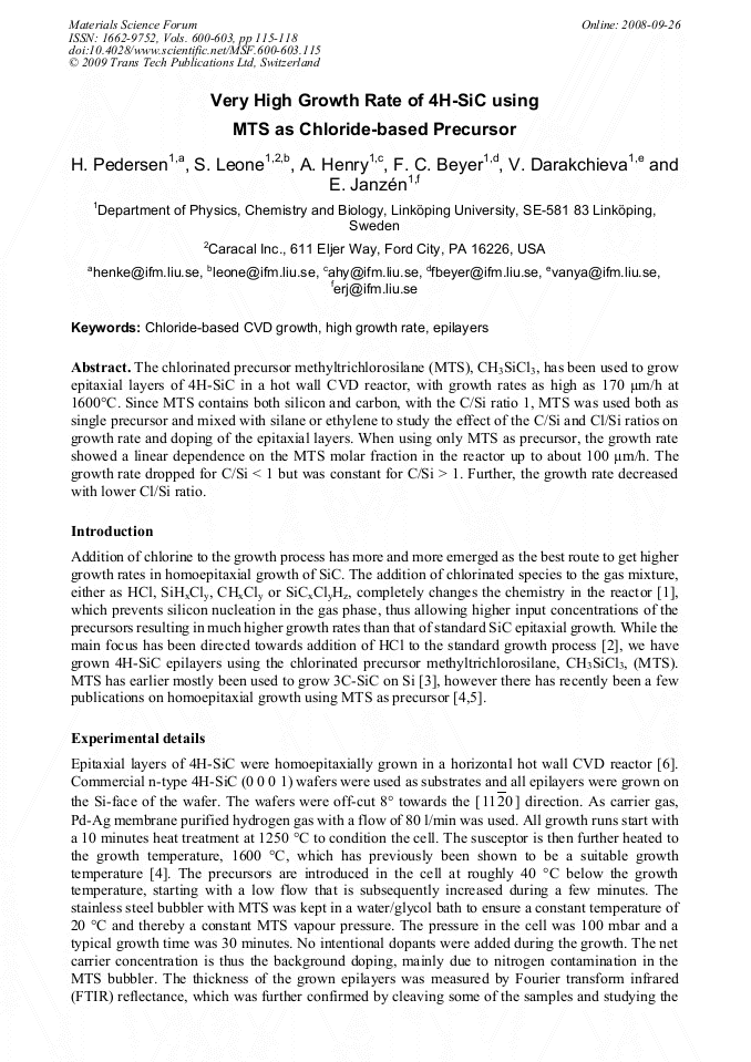 Very High Growth Rate of 4H-SiC Using MTS as Chloride-Based Precursor ...