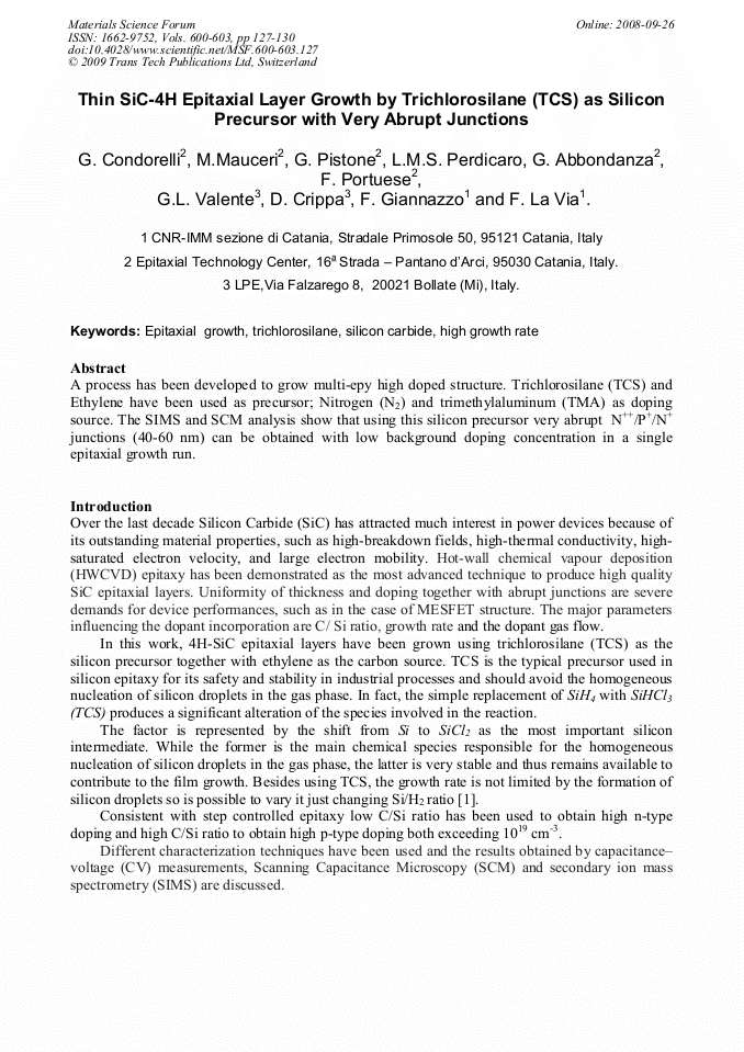Thin SiC-4H Epitaxial Layer Growth by Trichlorosilane (TCS) as Silicon ...